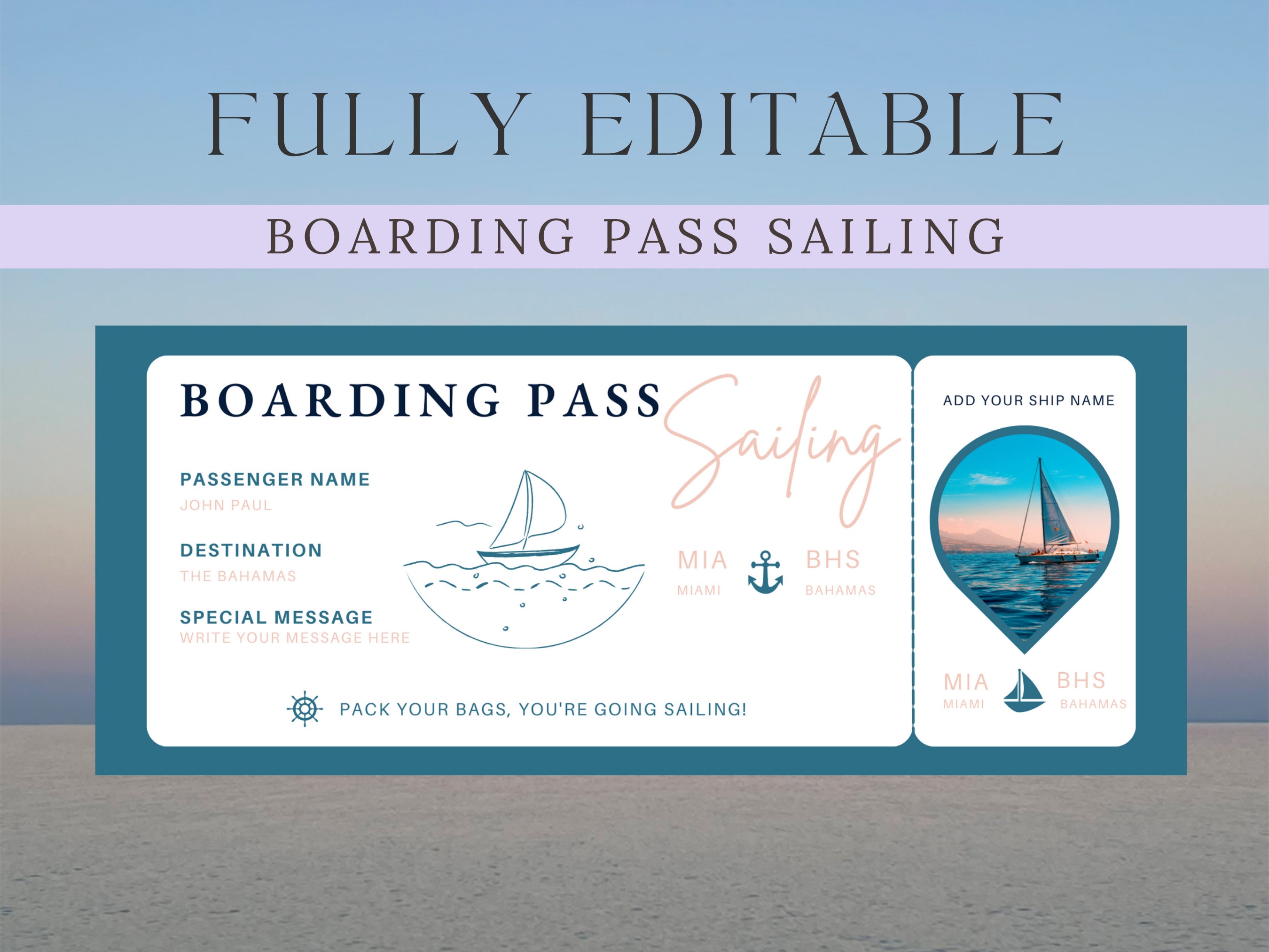 Sailing Boarding Pass Ticket: Surprise Vacation Gift (editable, Digital ...