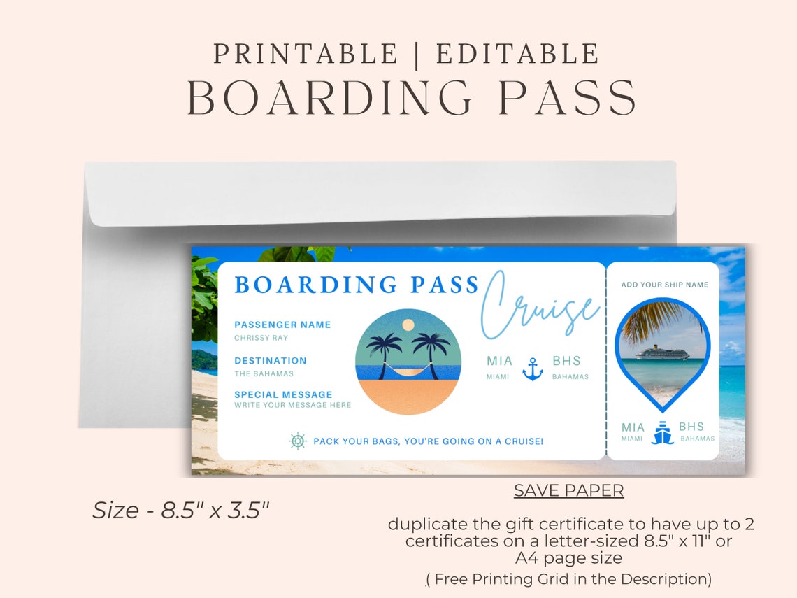 Cruise Boarding Pass Editable Template Cruise Vacation Editable Ticket ...