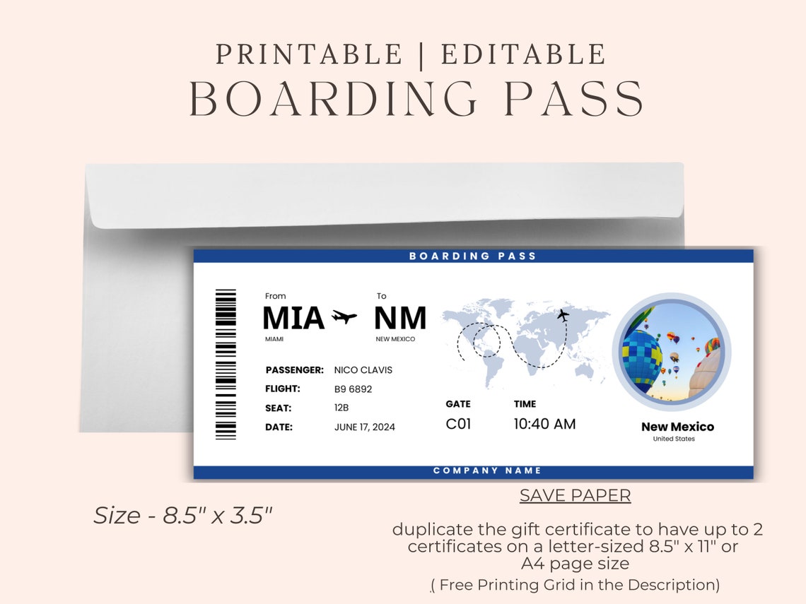 Boarding Pass Template Editable Boarding Pass Gift Printable Tickets ...