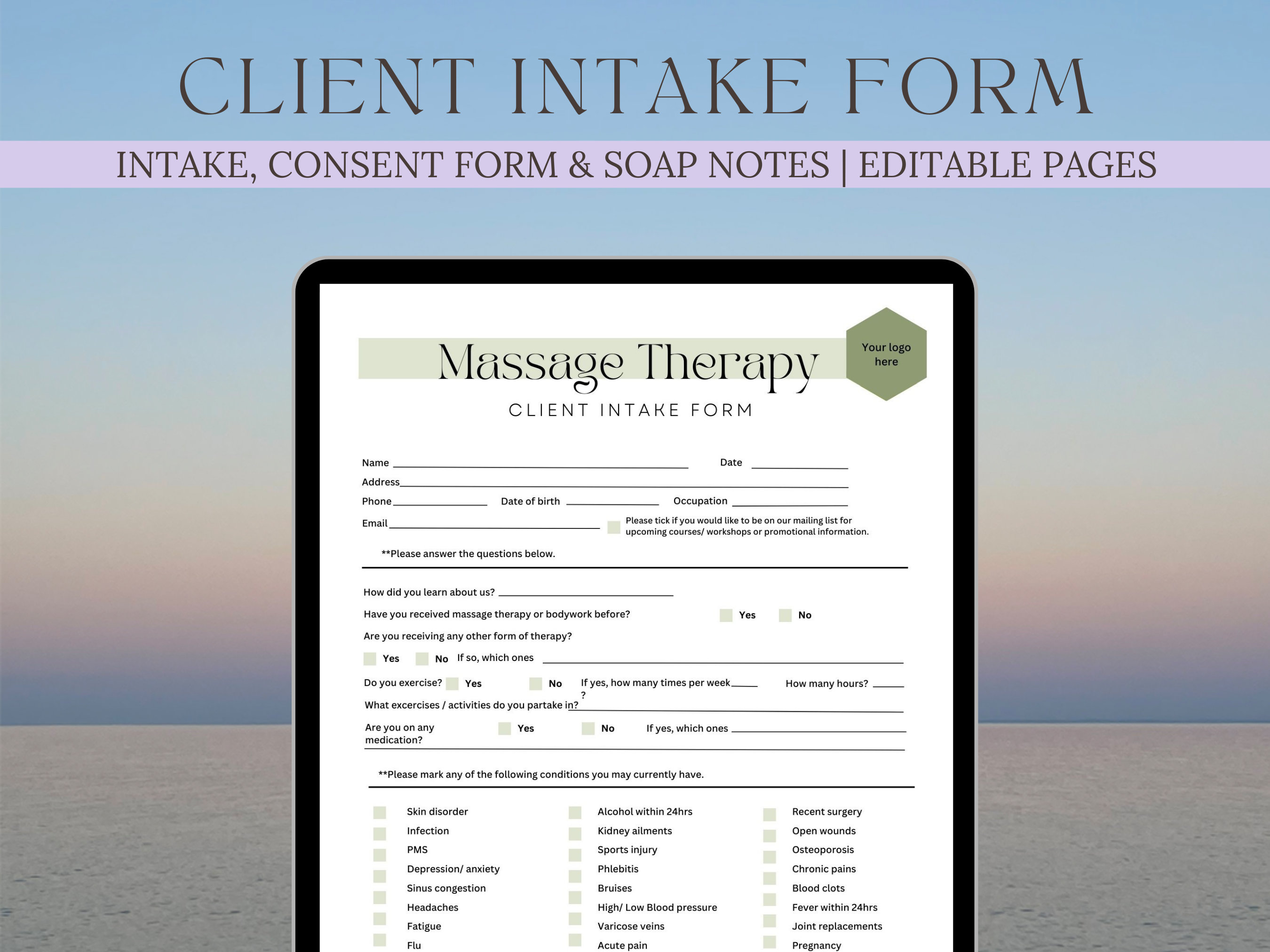 Massage Client Intake, Consent Forms & Soap Notes | Editable Massage ...