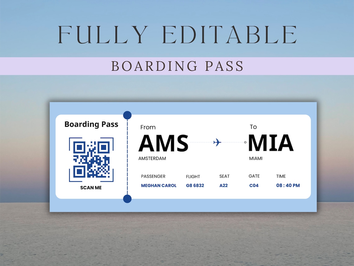 Boarding Pass Template With Editable QR Code Editable Boarding Pass ...