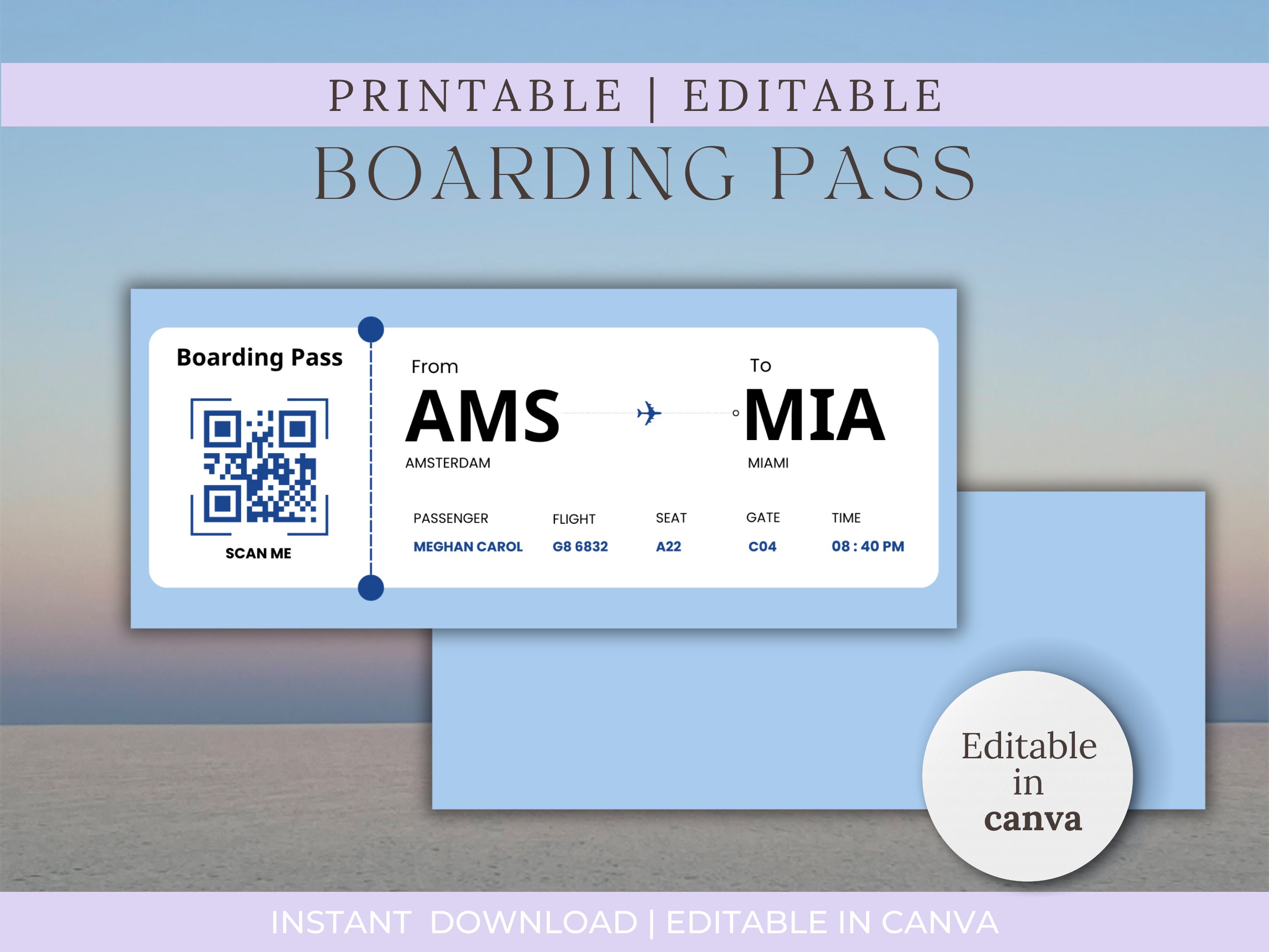 Boarding Pass Template With Editable QR Code Editable Boarding Pass ...