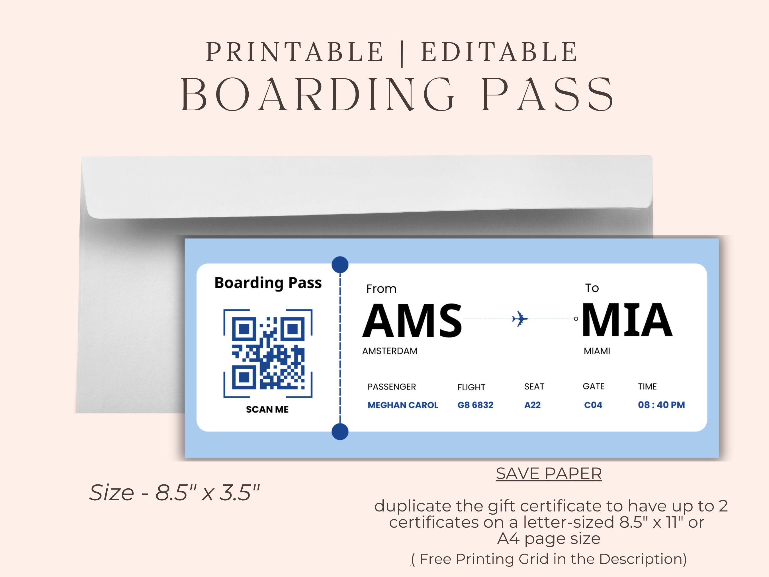 Boarding Pass Template With Editable QR Code Editable Boarding Pass ...