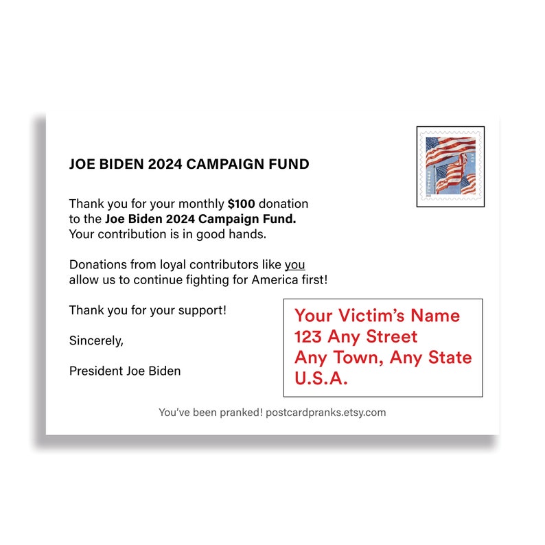 Prank Postcard, Joe Biden Campaign Fund, 100% Anonymous, Election 2024 ...
