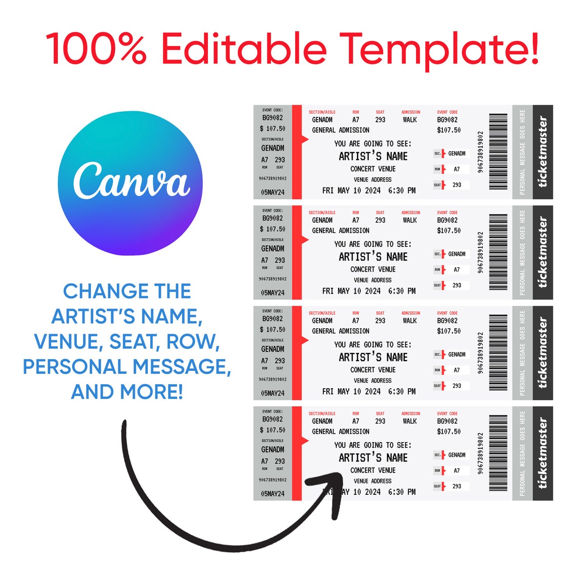Custom Printable Concert Tickets, Ticket Template for Canva ...