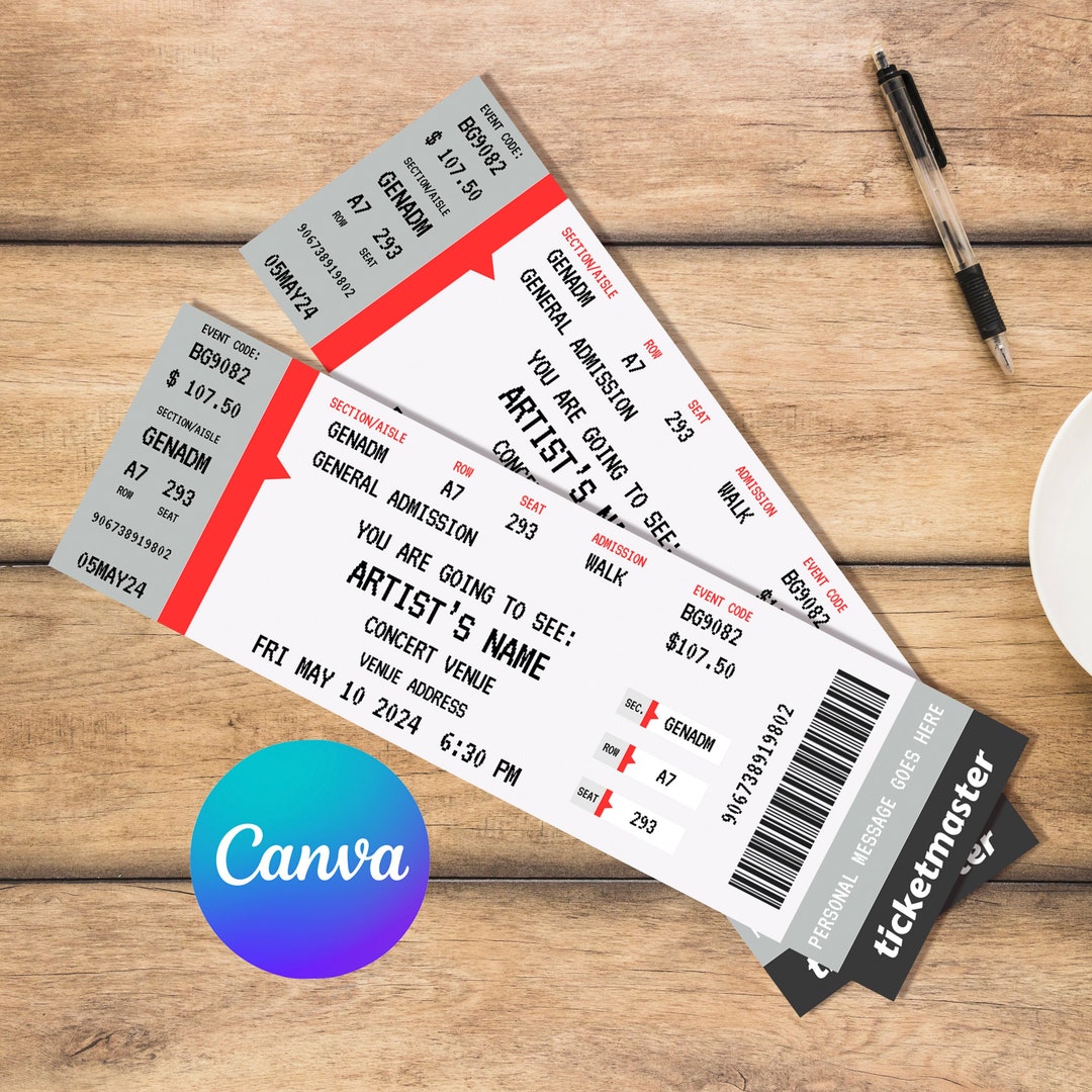 Custom Printable Concert Tickets, Ticket Template for Canva ...