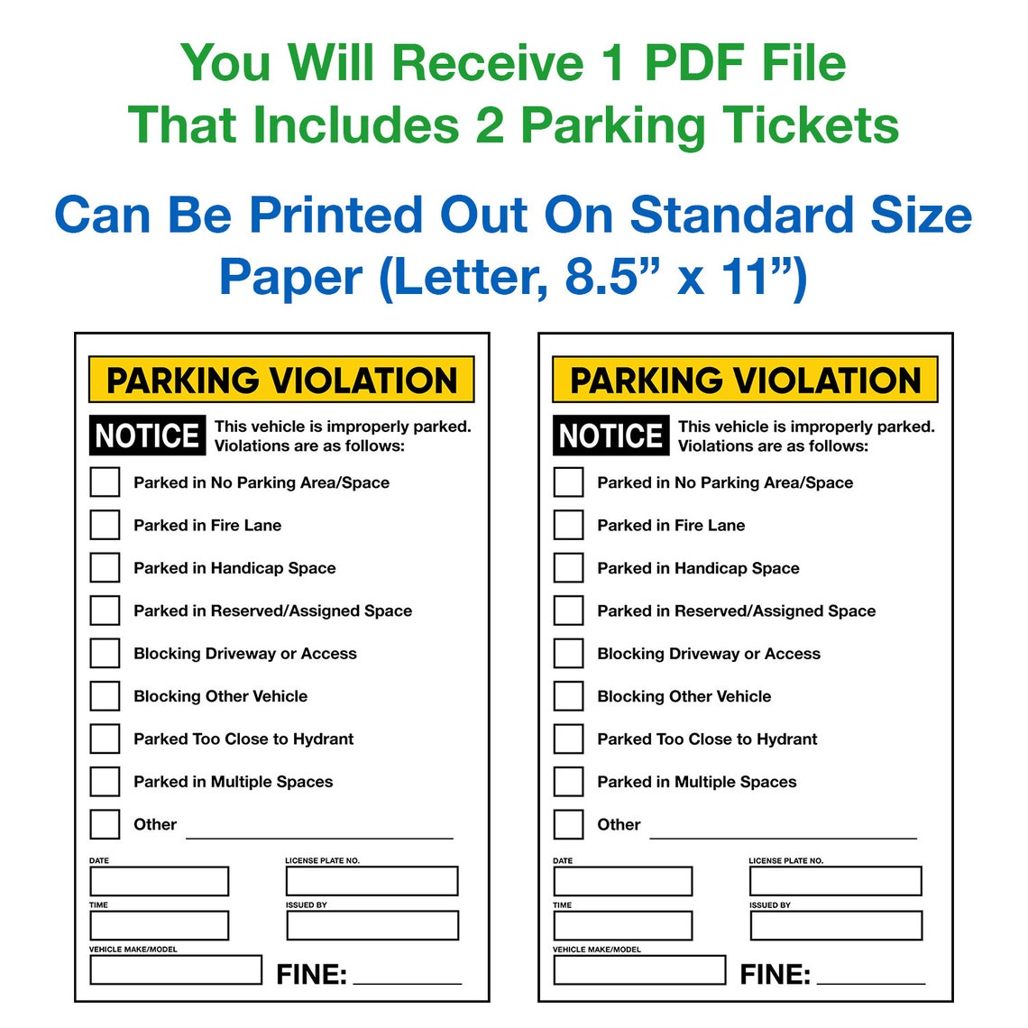 Printable Fake Parking Tickets, Digital Download Prank Tickets, Joke ...