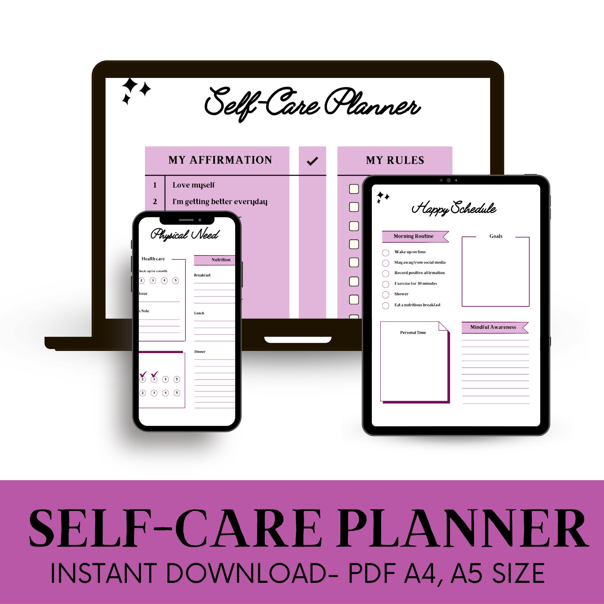 PDF Printable, Printable Planner, Self Care Planner Bundle, Undated ...