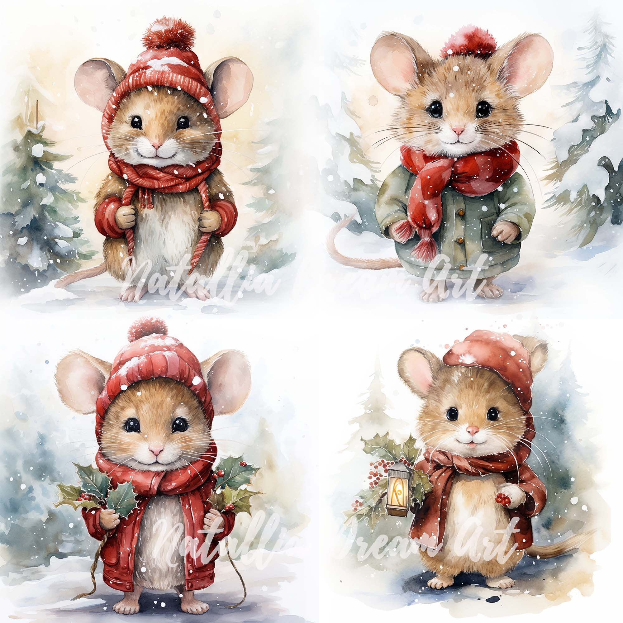 Christmas Watercolor Clipart Christmas Mous, 36 High Quality Jpgs, Card Making Digital Download ...