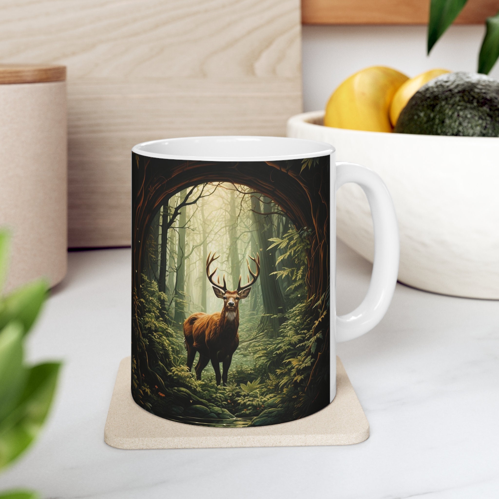 3D Deer Mug, Stag in Forest Tunnel Oil Painting Coffee Mug,unique Elk ...