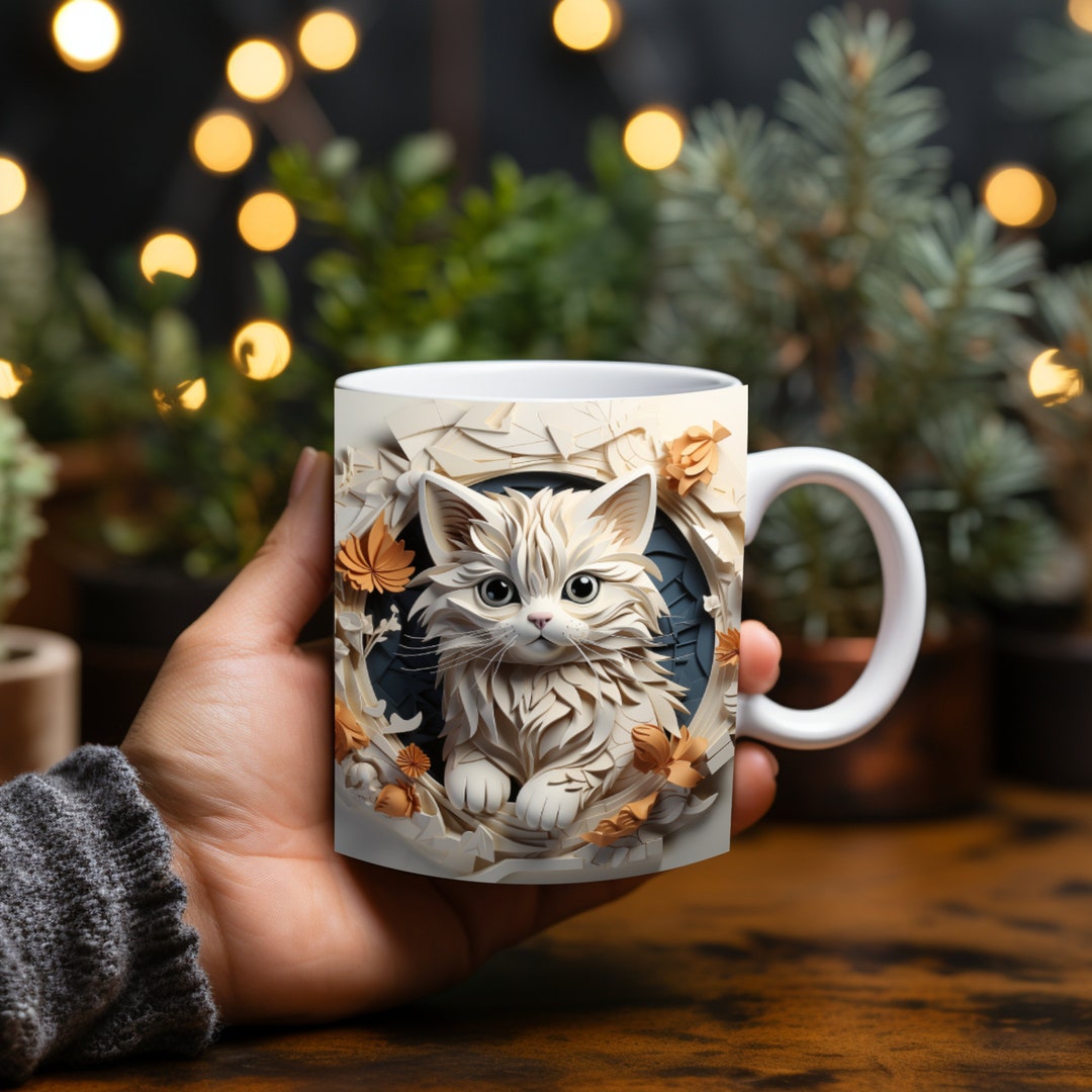3D Cat Coffee Mug, Cute Cat Art Paper Sculptures Tea Cup, Unique Animal ...