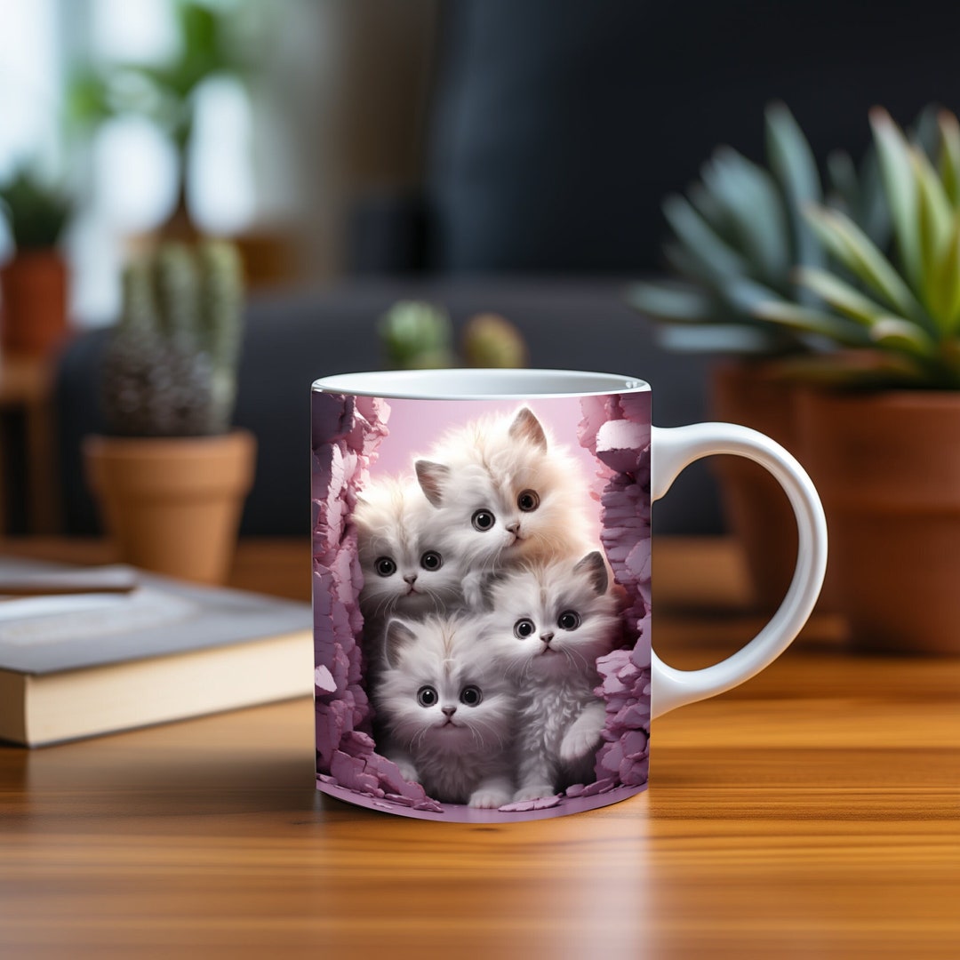 3D Hole in A Wall Four White Cute Cats Mug Wrap Design, 3D Kittens ...