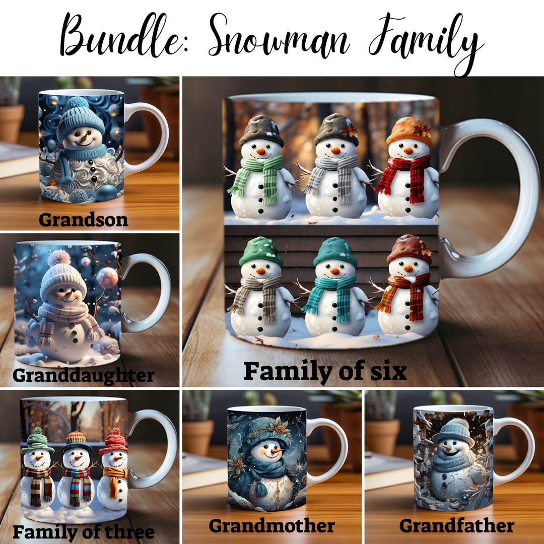 3D Snowman Family Mug Wrap Bundle, 11oz and 15 Oz Mug Png, 3D Winter ...