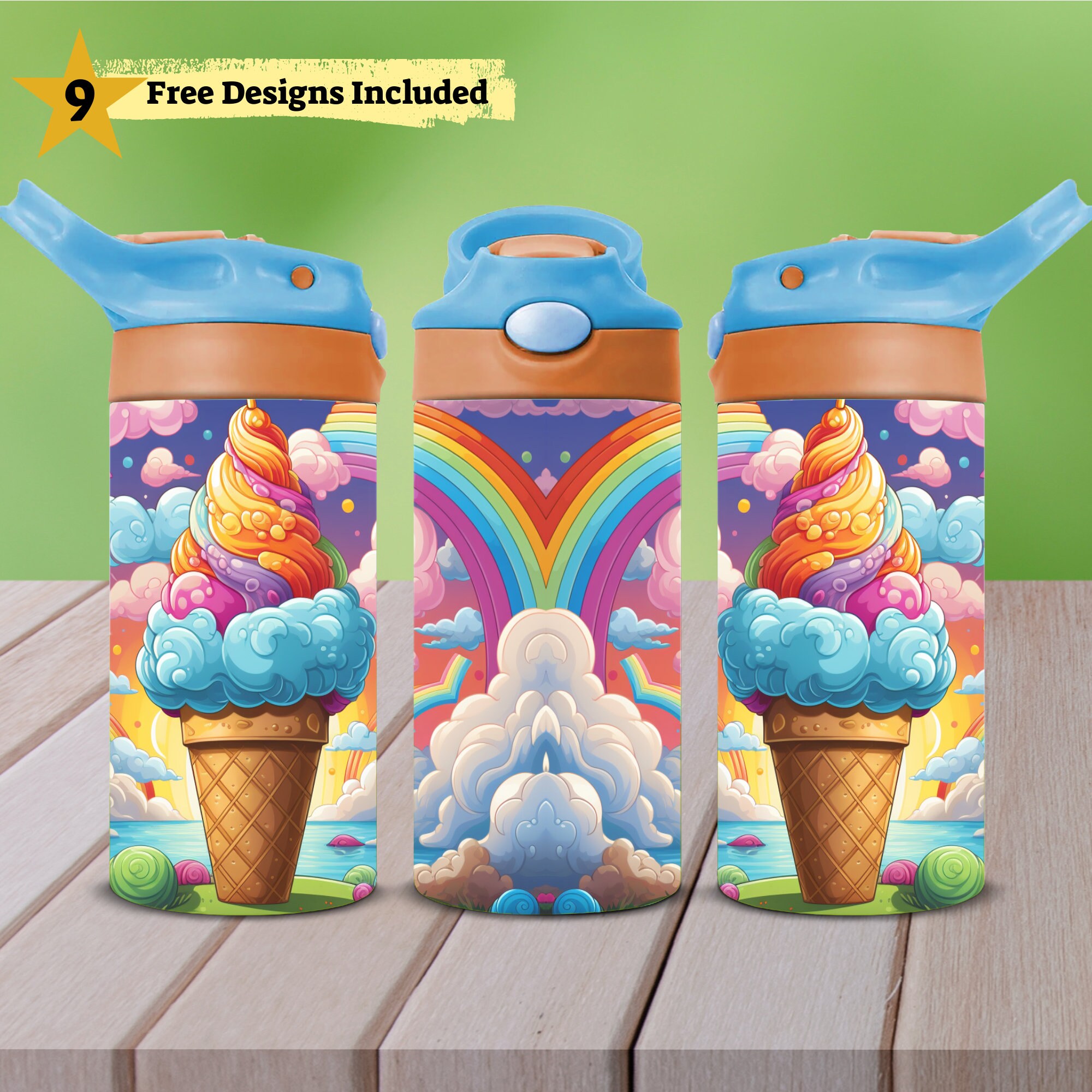 Rainbow Ice Cream & Clouds 3D Kid's 12oz Sippy Cup Sublimation Designs ...