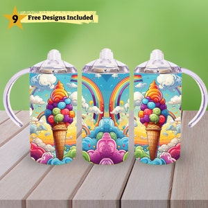 Kid's 3D Rainbow Ice Cream & Clouds 12oz Sippy Cup Sublimation Designs ...