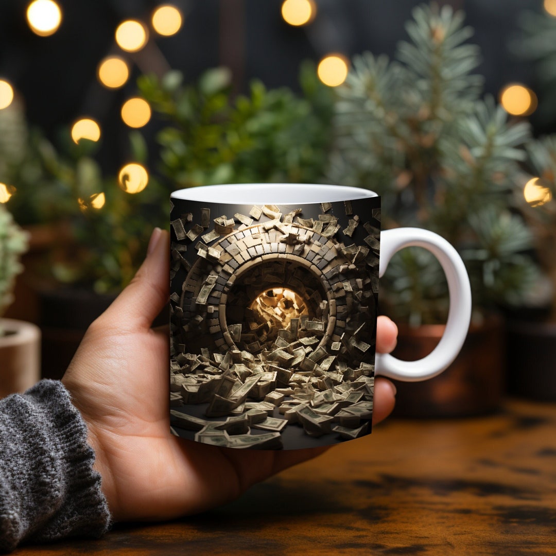 3D Mug Wrap Design Money Falling Through A Hole in A Wall, Cash Money ...