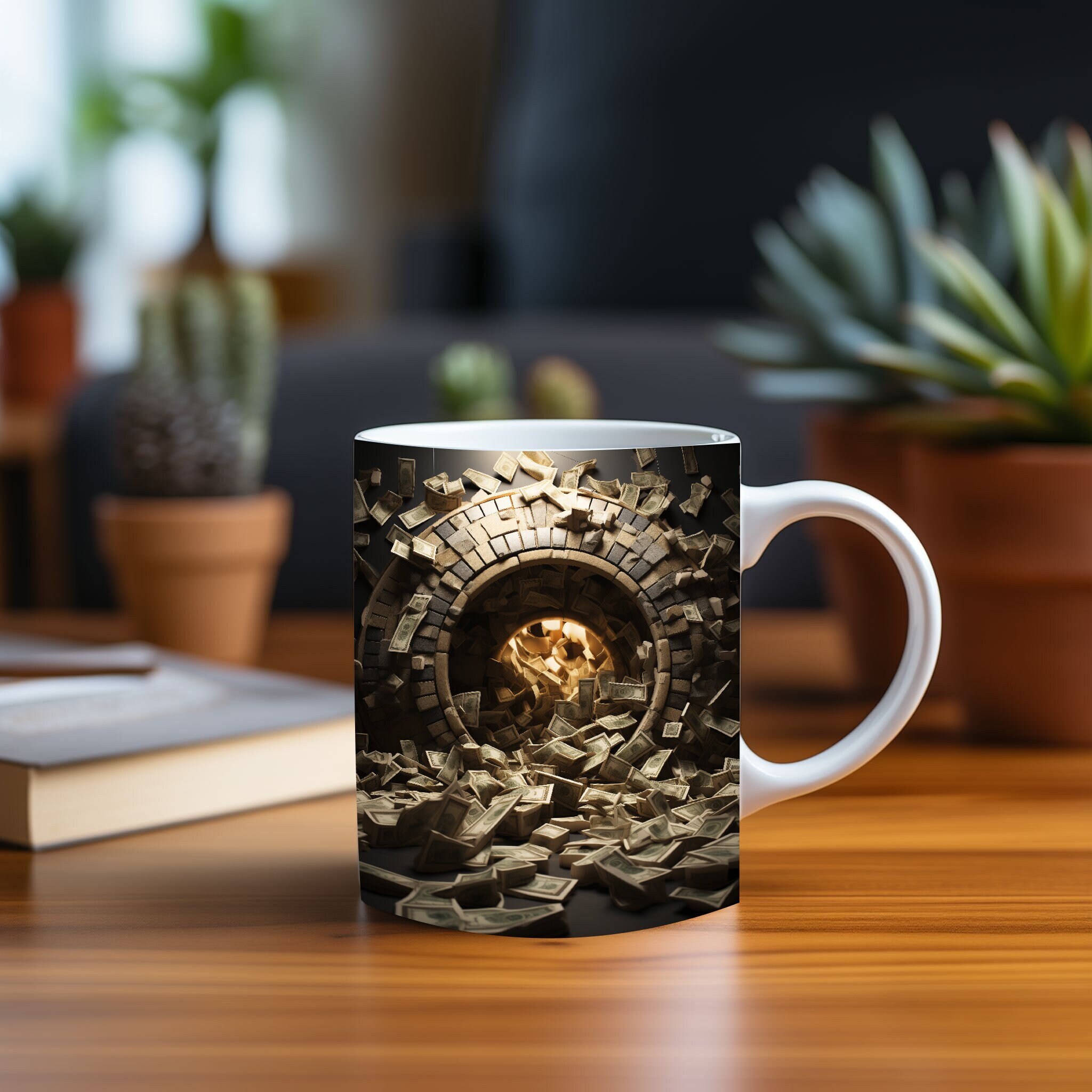 3D Mug Wrap Design Money Falling Through A Hole in A Wall, Cash Money ...
