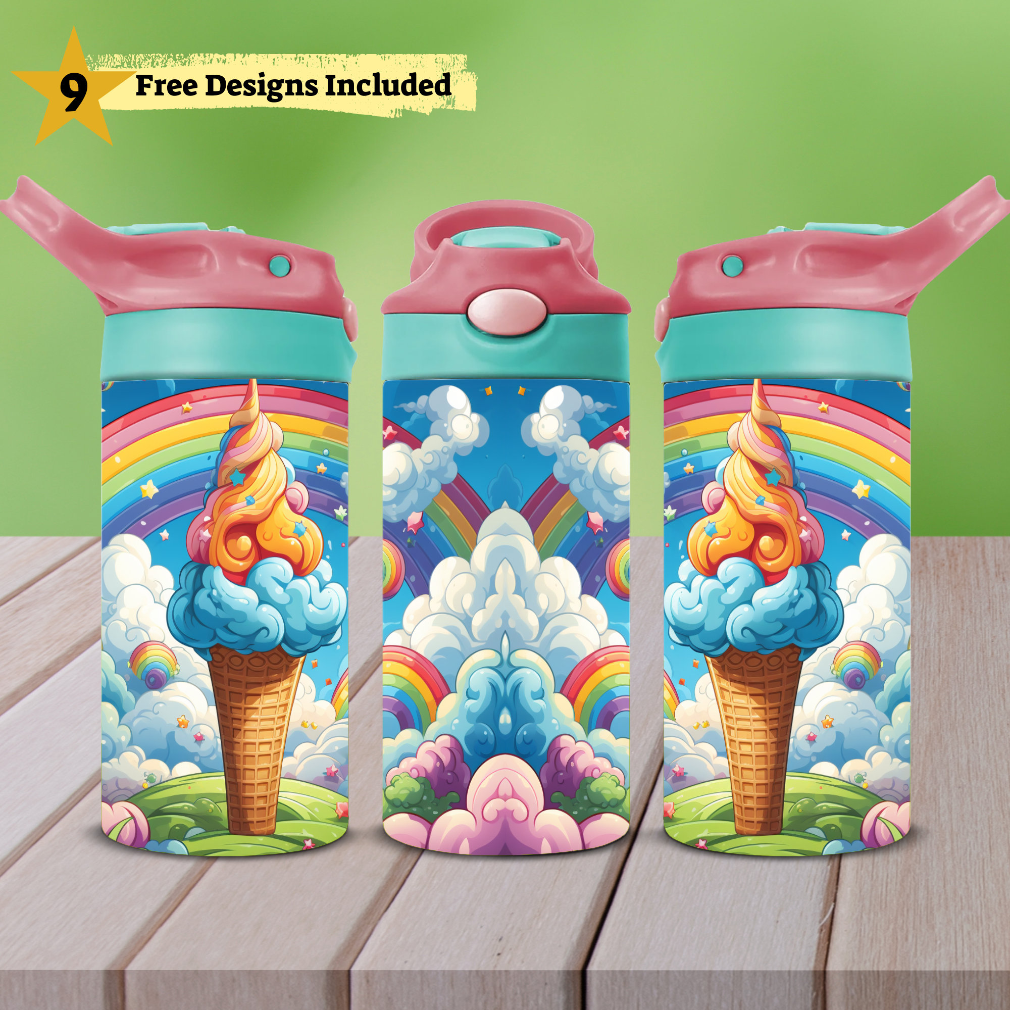 Ice Cream & Rainbow Clouds Tumbler Wrap 3D Kid's 12oz Sippy Cup ...