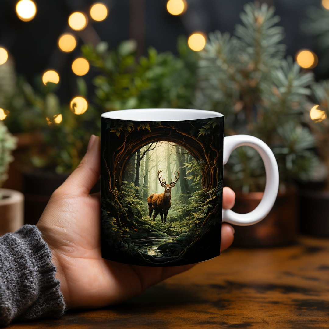 3D Deer Mug, Stag in Forest Tunnel Oil Painting Coffee Mug,unique Elk ...