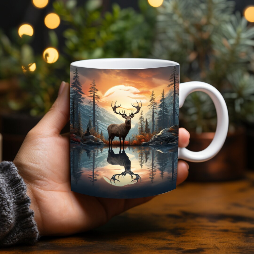 Deer Coffee Mug, 3D Stunning Buck With Reflection in a Lake Cup,unique ...