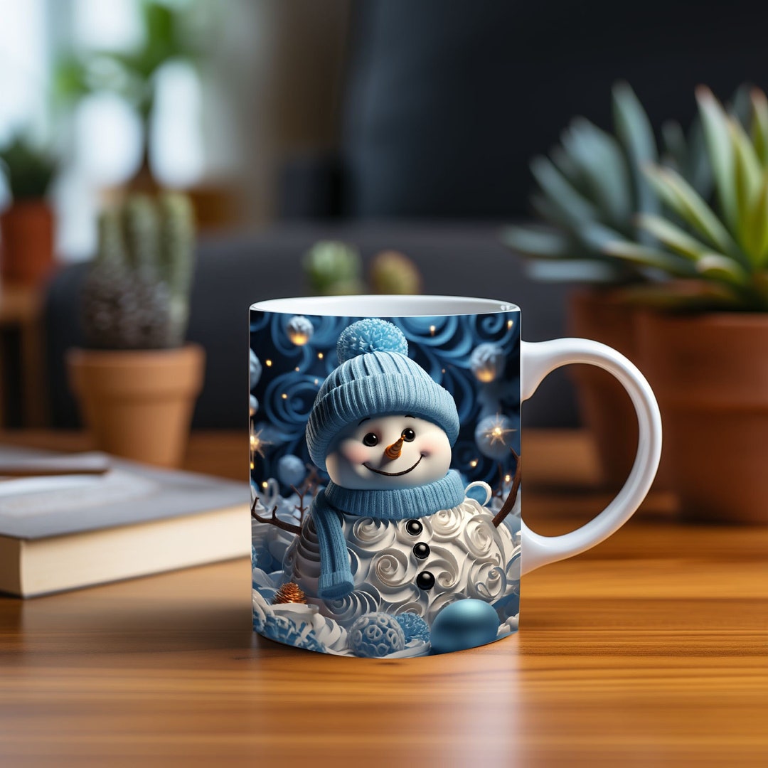 3D Cute Snowman Mug Wrap Design, 3D Winter Snow Man Design,3d Coffee ...