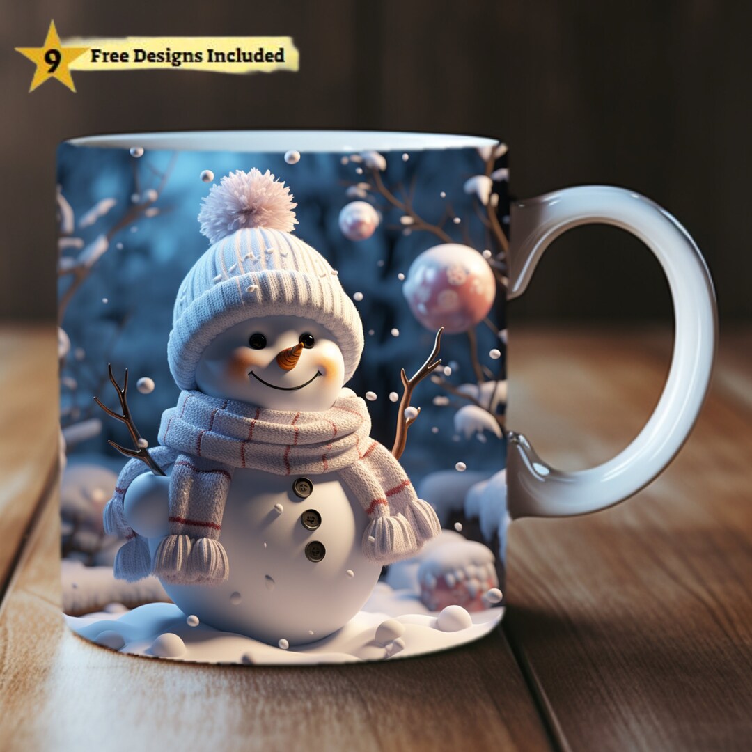 3D Cute Snowman Mug Wrap Design, 3D Winter Snow Man Design, 3D Coffee ...