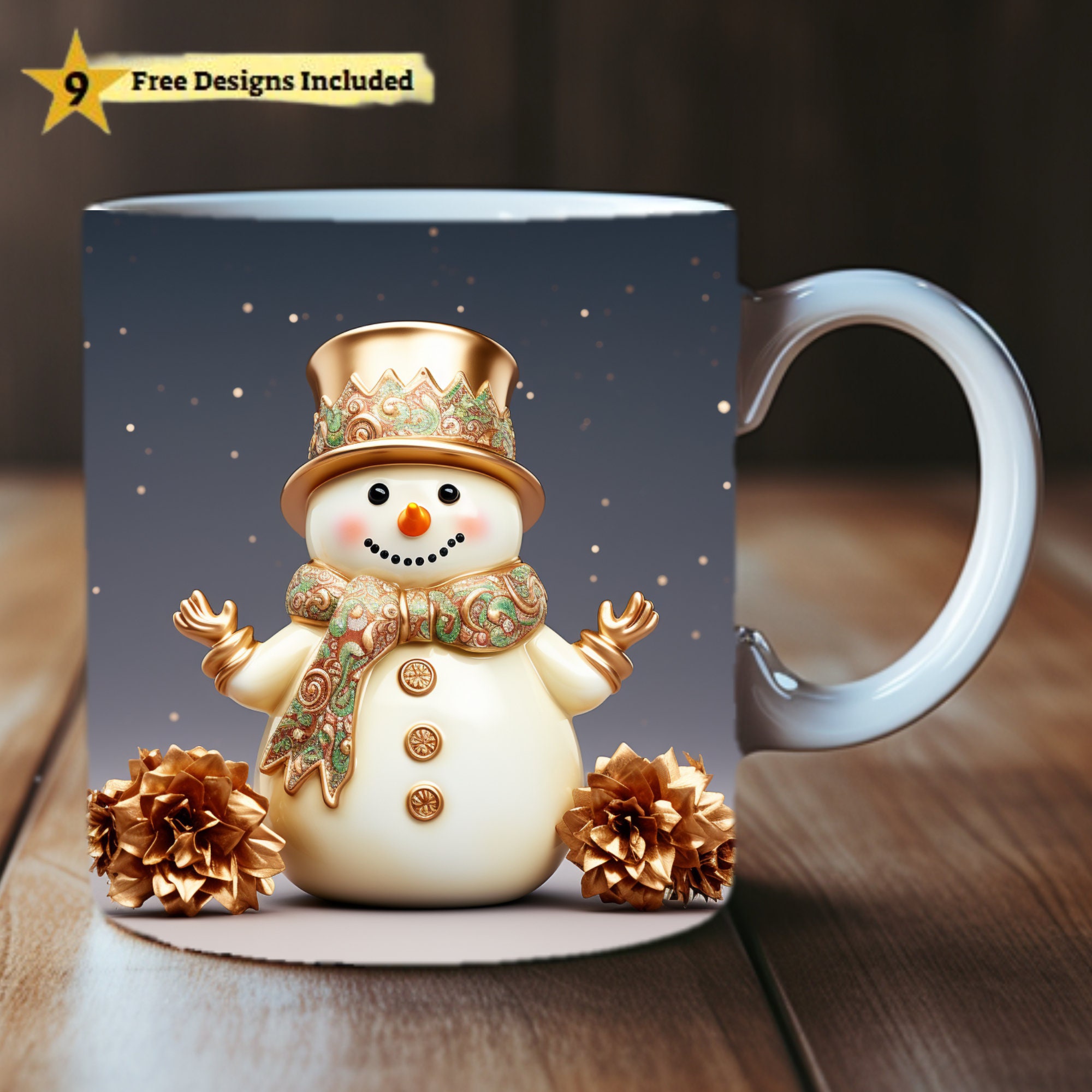 3D Gold Snowman Mug Wrap Sublimation Design PNG, Perfect Winter Gift ...