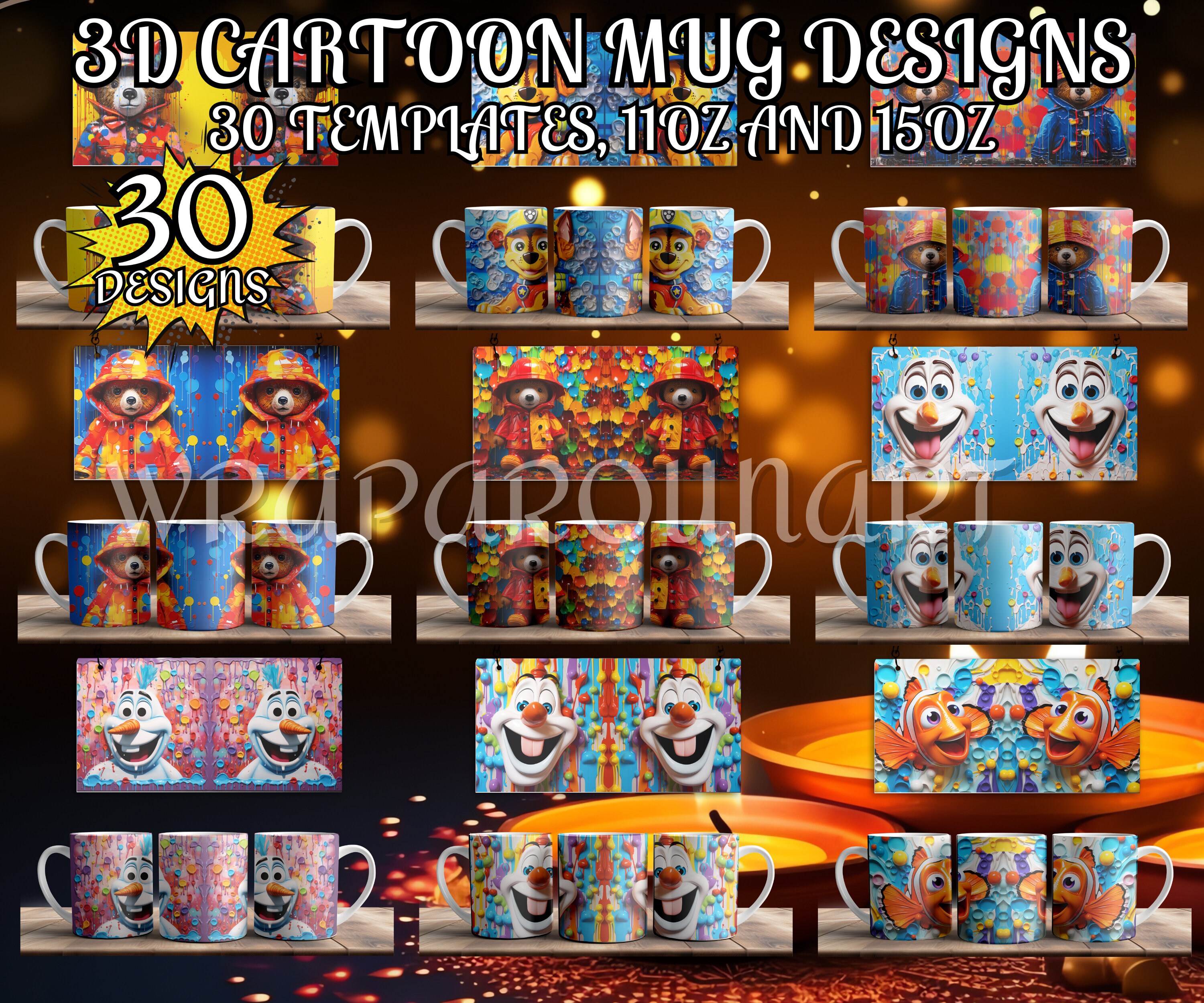 30 Designs 3D Cartoons 3D Paint Effect Wrap Around Mug Design - Etsy UK