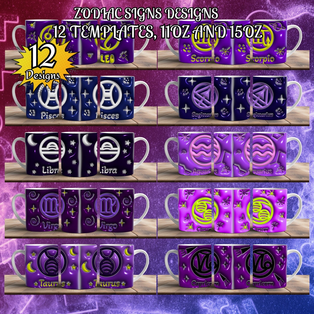 12 Zodiac Signs Coffee Cup Wrap Around Mug Design, Unique Astrological ...