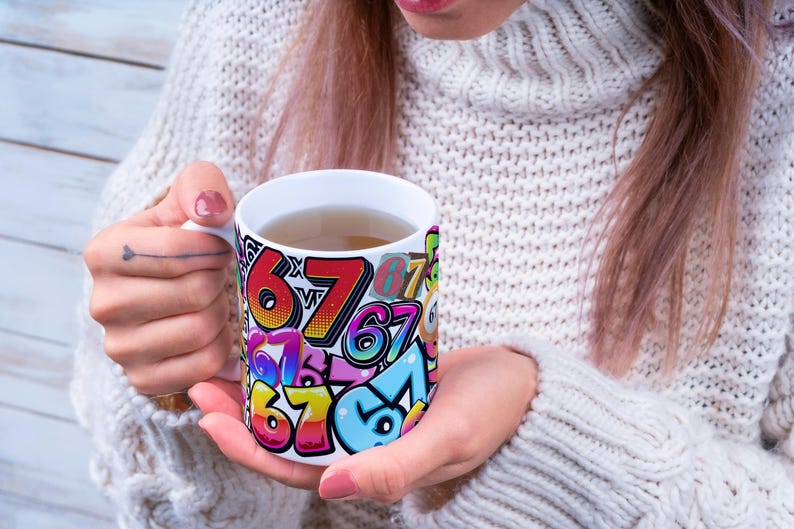 Number 67, Six Seven, Aesthetic Wrap Around Digital Cup Designs, 11oz ...