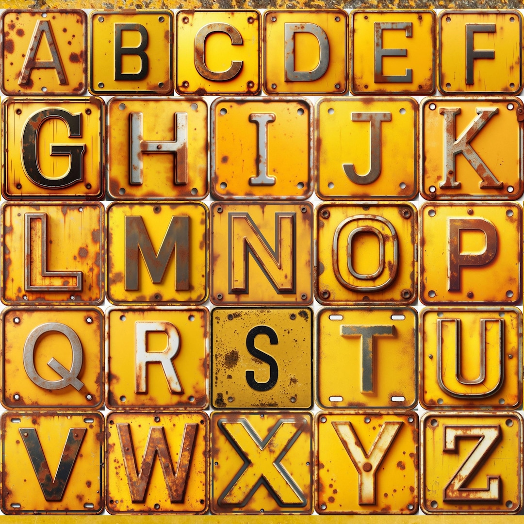 26 Yellow Rusty Letters Alphabet, Metal Plate, Rusted Plate, License ...