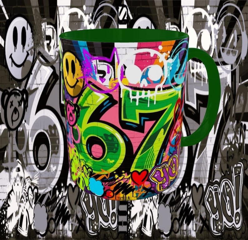 Six Seven, 67 Green Wall Graffiti Wrap Around Digital Cup Designs, 11oz ...