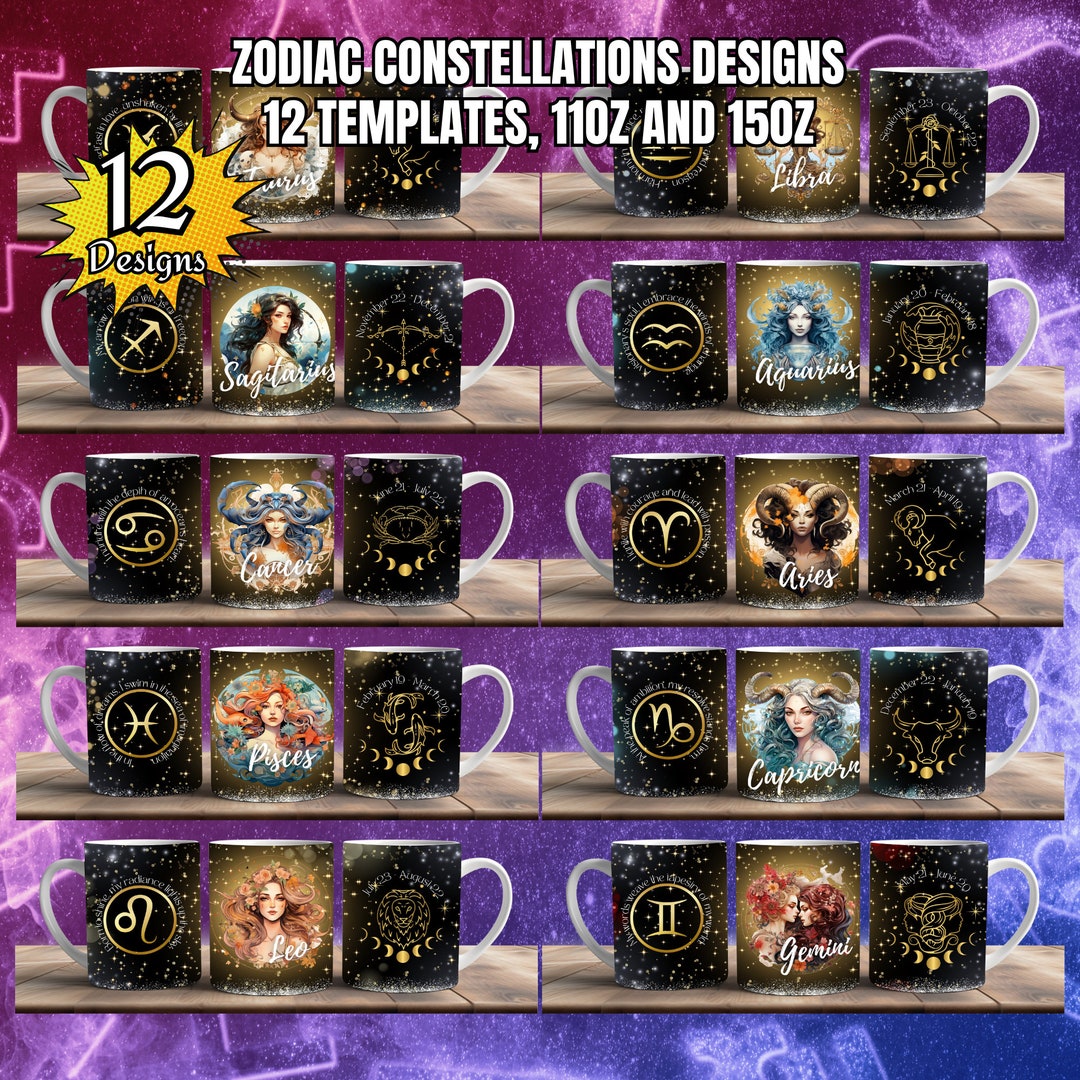 12 Zodiac Symbol Coffee Cup Wrap Around Mug Design, Unique Astrological ...