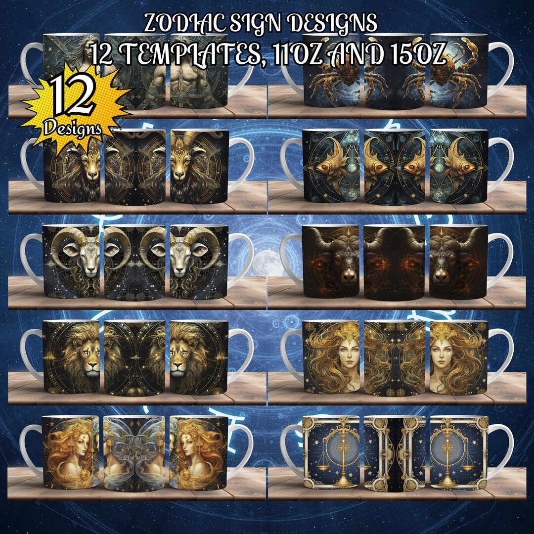 Zodiac Sign Cup, 12 Constellation Wrap Around Digital Mug Design, 15oz ...