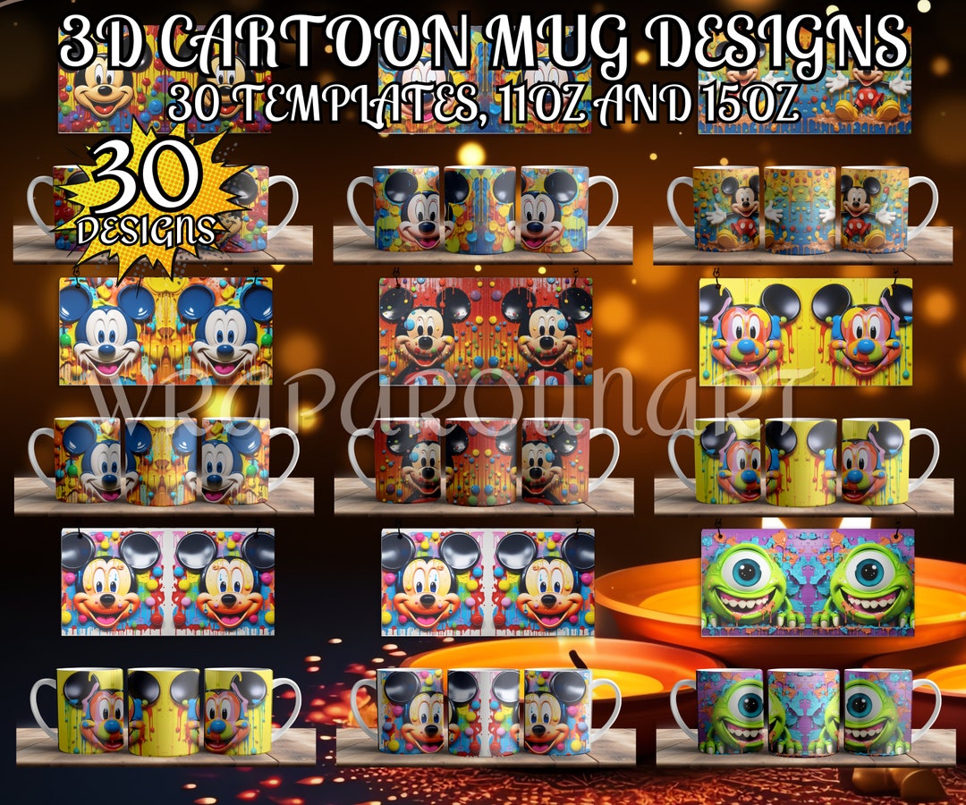 30 Designs 3D Cartoons 3D Paint Effect Wrap Around Mug Design Bundle 4 ...