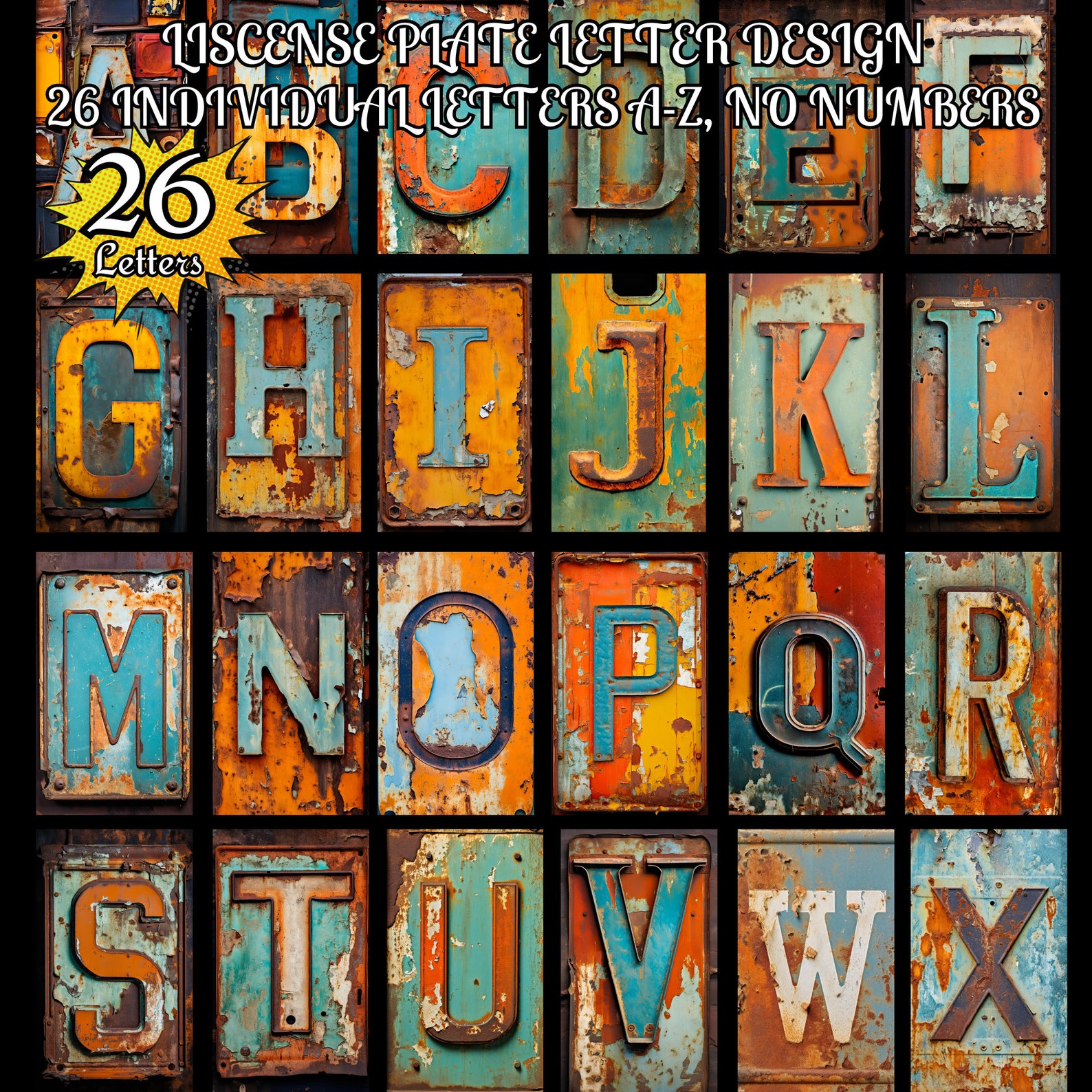 26 Alphabet License Plate Letters A to Z, Individual Letters ...