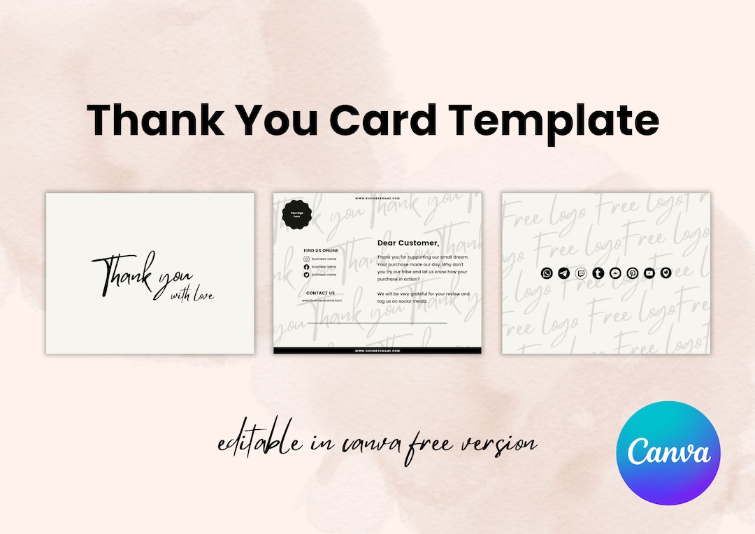 Editable Thank You Card Canva Template - Etsy