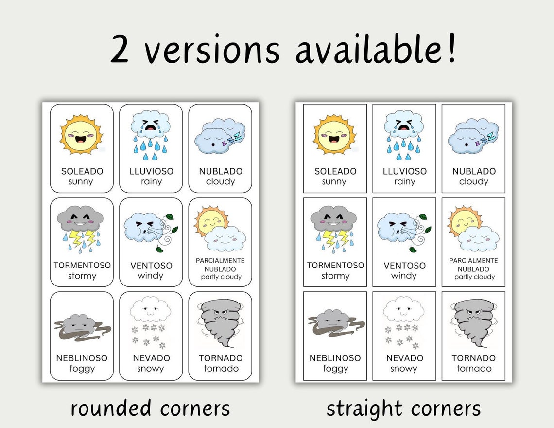 Spanish and English Weather Flash Cards | Bilingual Weather Toddler ...