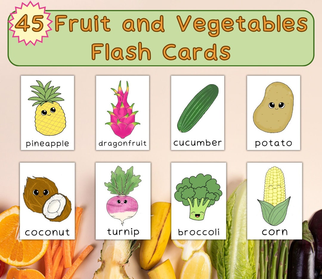 45 Fruits and Vegetables Flash Cards Montessori Flashcards Preschool ...