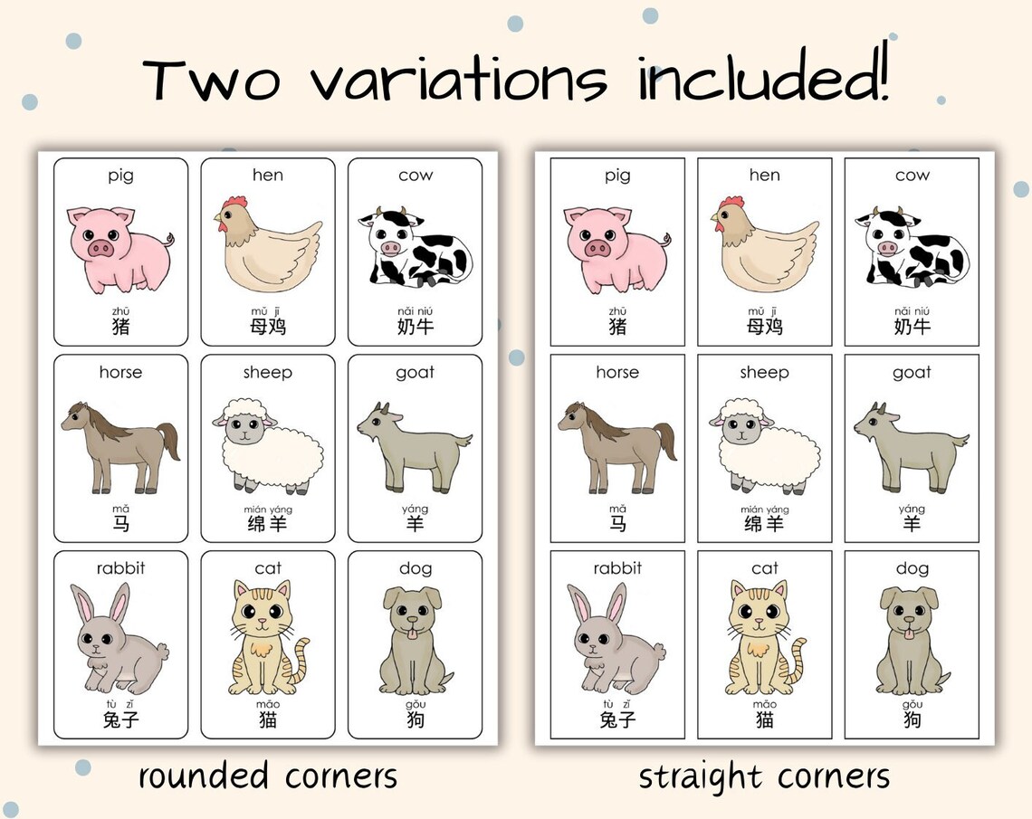 24 Simplified Chinese and English Bilingual Farm Animals Flashcards ...