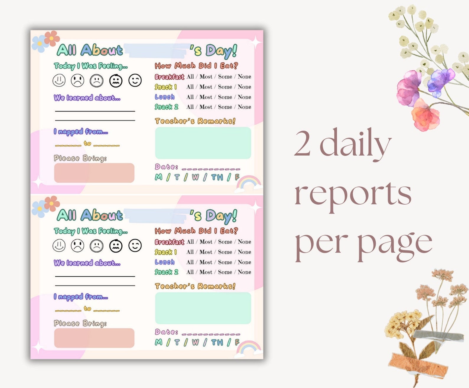 Pastel Preschool Daily Report | Homeschool Report Card| Toddler Daily ...