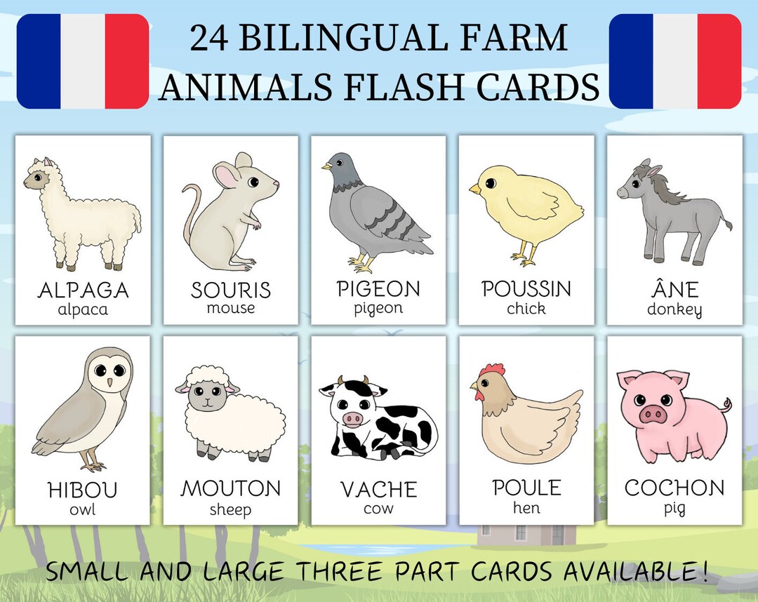 24 French and English Bilingual Farm Animals Flashcards | Montessori ...