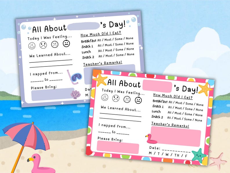 Teacher Daycare Preschool Daily Report | All About My Day | Summer ...