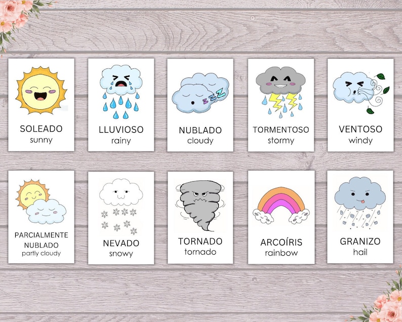 Spanish and English Weather Flash Cards | Bilingual Weather Toddler ...
