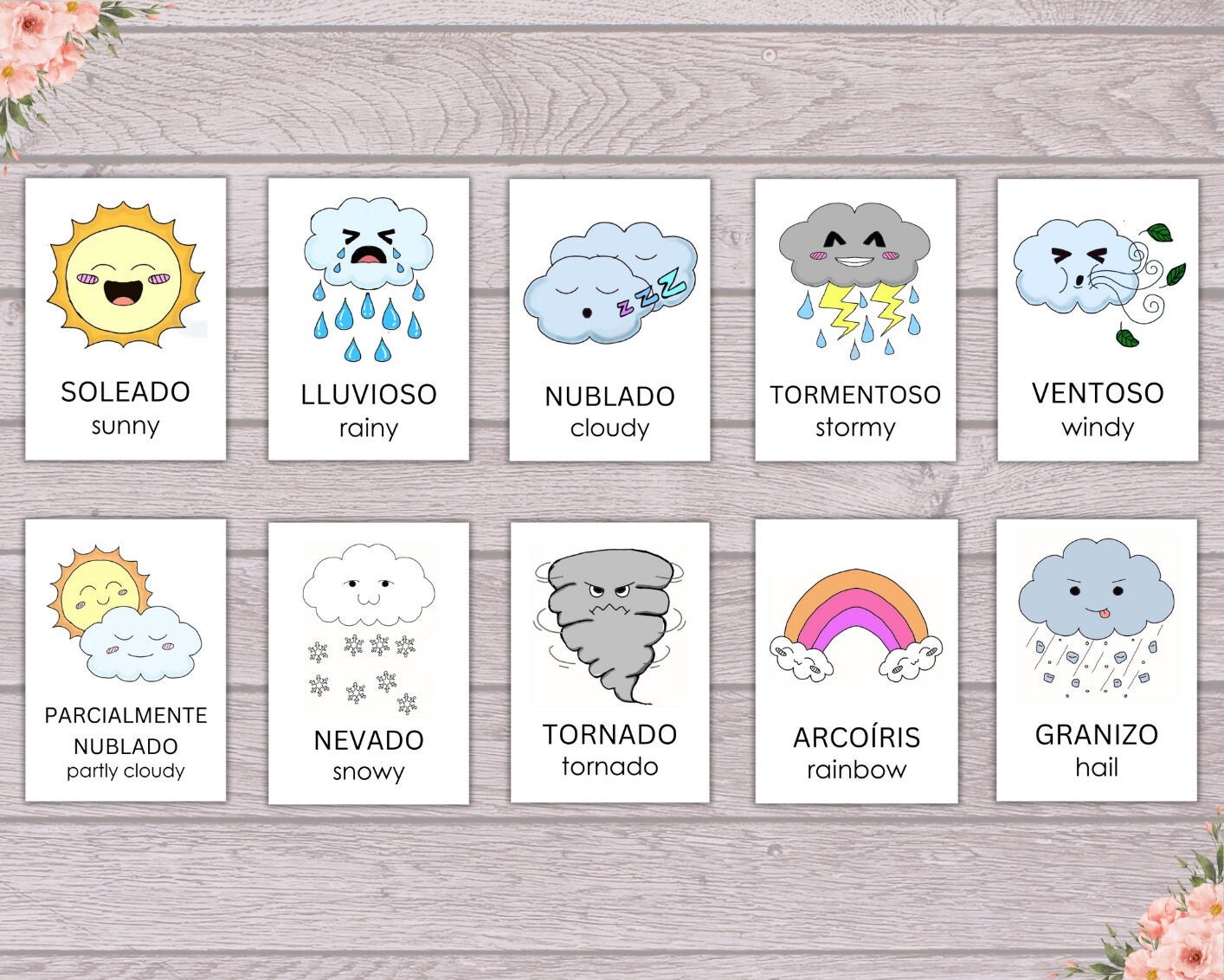 Spanish and English Weather Flash Cards | Bilingual Weather Toddler ...