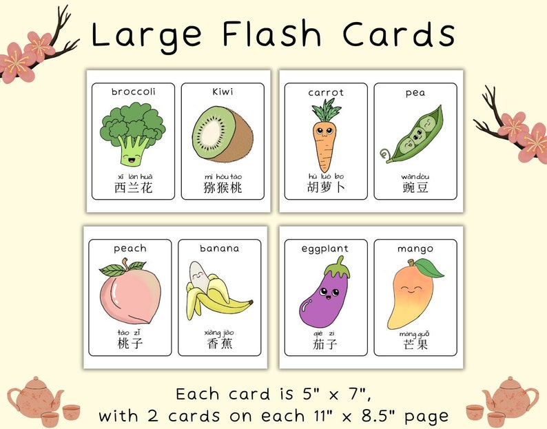 45 Mandarin and English Bilingual Fruits and Vegetables Flash Cards ...