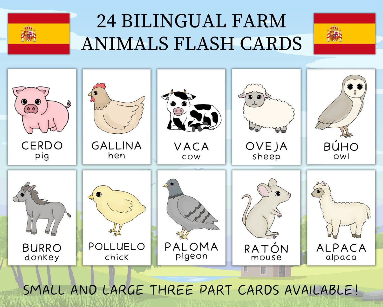 24 Spanish and English Bilingual Farm Animals Flashcards | Preschool ...