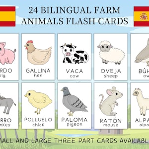 24 Spanish and English Bilingual Farm Animals Flashcards | Preschool ...