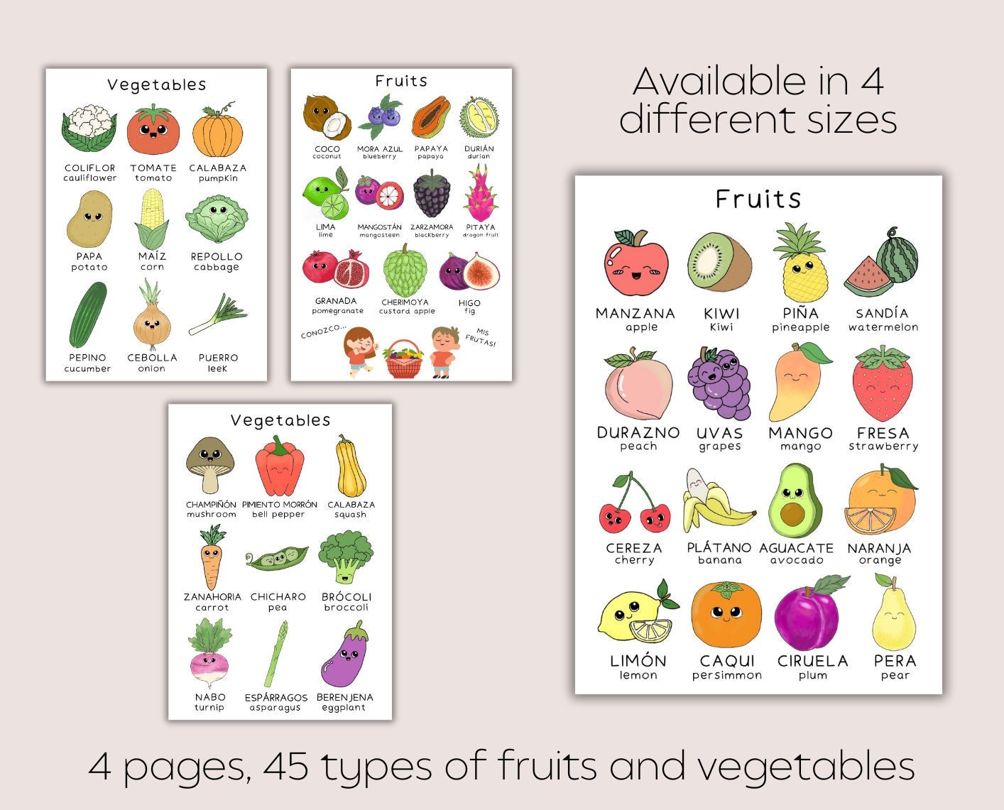 Spanish and English Fruits and Vegetables Bilingual Educational Poster ...