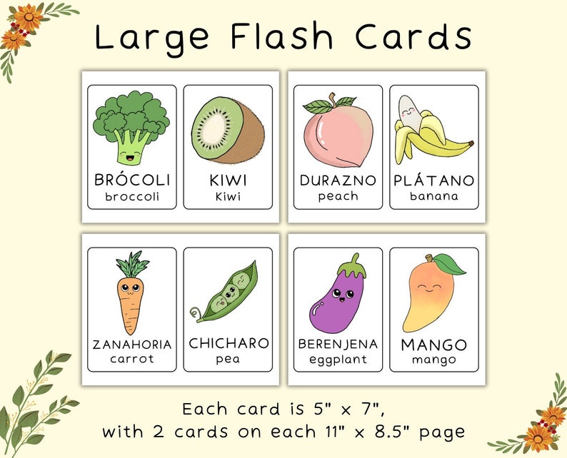 45 Spanish and English Bilingual Fruits and Vegetables Flash Cards ...